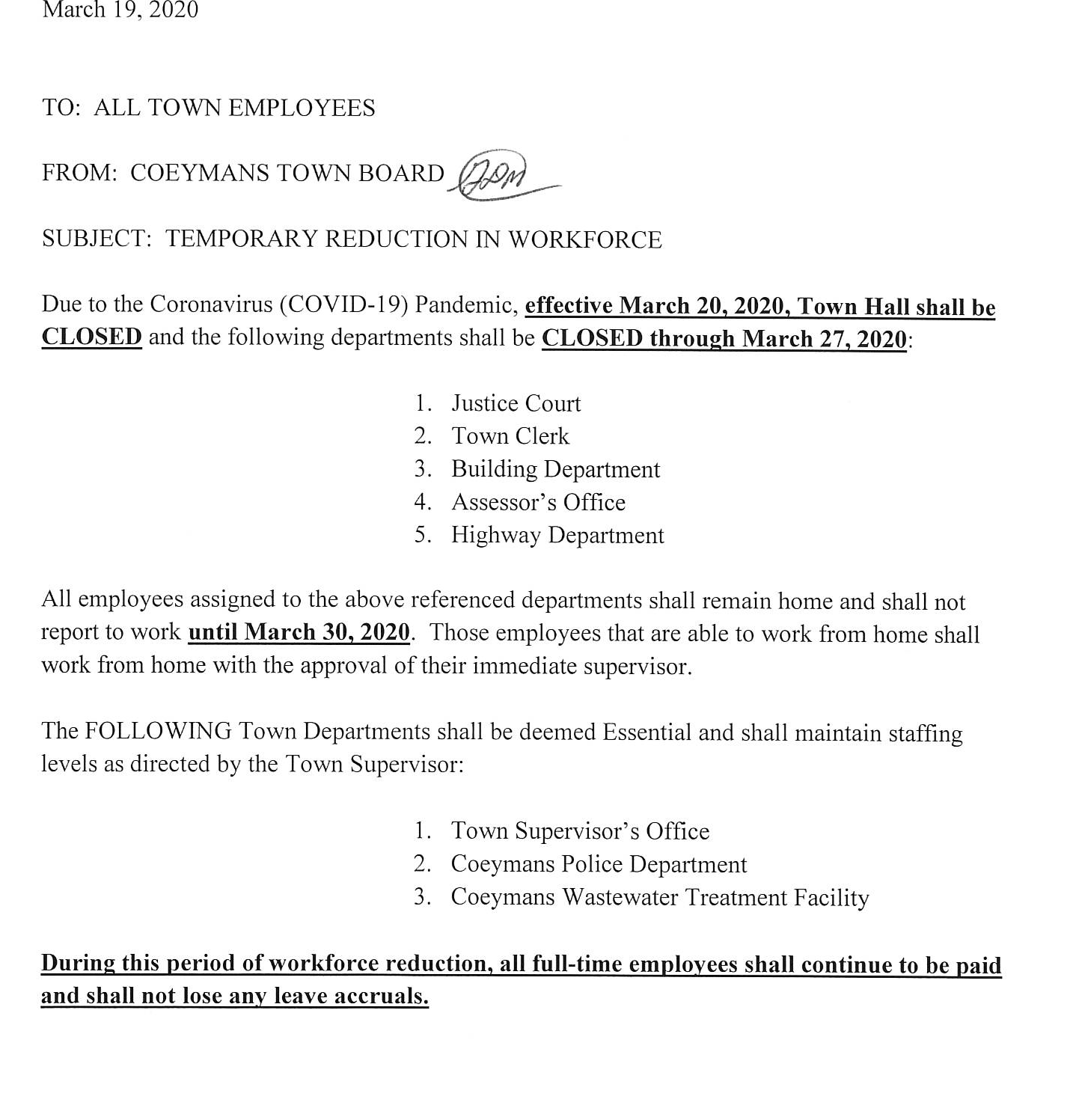 TEMPORARY TOWN HALL CLOSURE | Town of Coeymans, New York